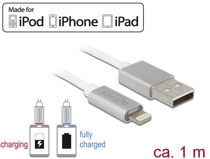 Kabel DELOCK, USB-A 2.0 (M) na 8-polni Apple iPhone Lightning priključak, LED, 1m, bijeli ...